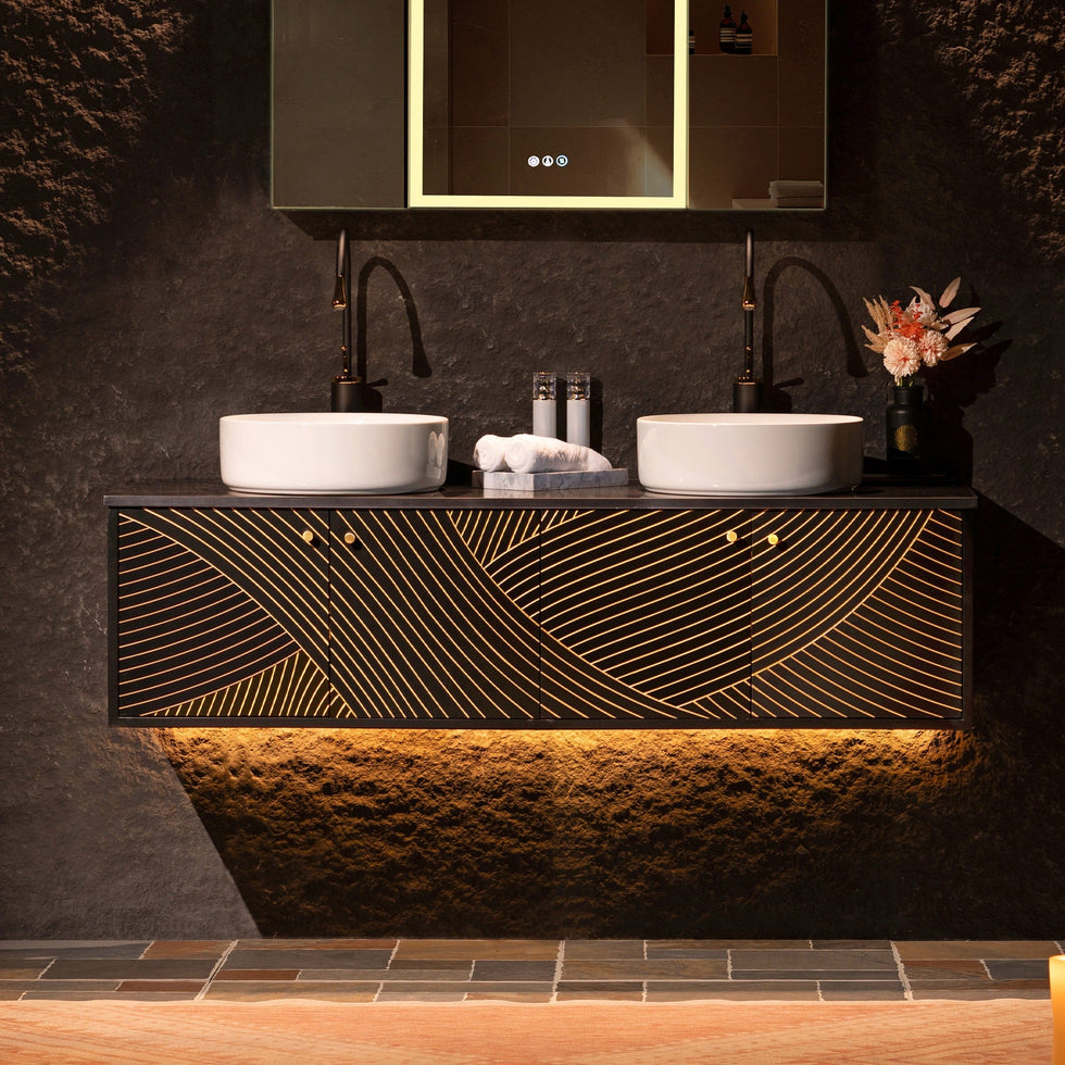 Woodbridge 60" Floating Double Vessel Vanity Black/Gold –Bris-BG-60DFW ...